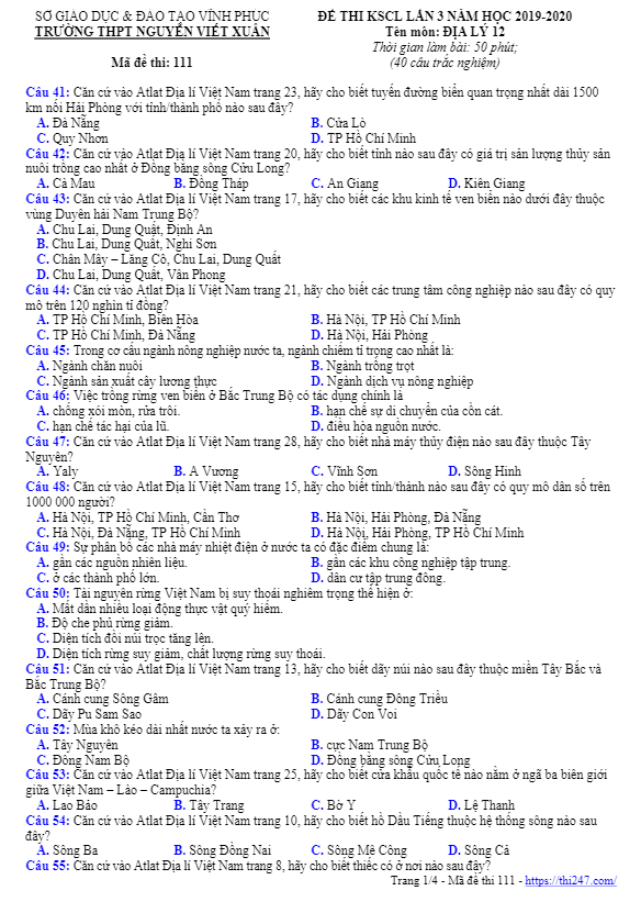 Đề thi KSCL Địa lý 12 - THI247.com