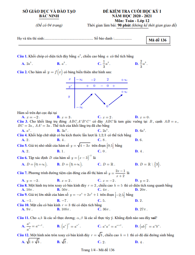 Đề thi HK1 Toán 12 năm học 2020 - 2021 sở GD&ĐT tỉnh Bắc Ninh - THI247.com