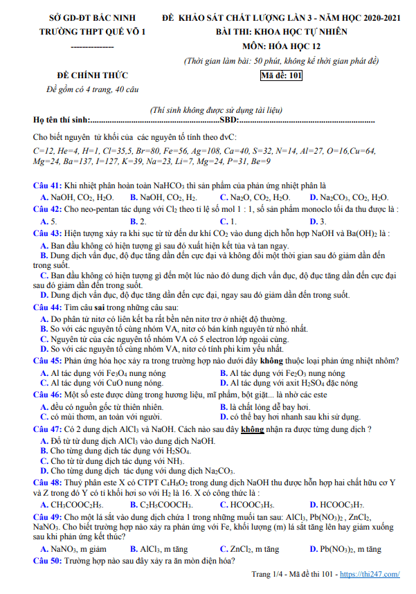 Đề thi KSCL Hóa học 12 - THI247.com