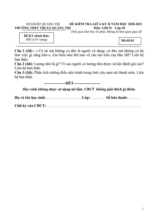 Đề giữa kì 2 GDCD 10 năm 2022 - 2023 trường THPT Gio Linh - Quảng Trị ...