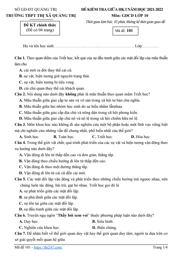 Đề kiểm tra giữa học kì 1 GDCD 10 năm 2021 - 2022 trường THPT Thị xã Quảng Trị - THI247.com