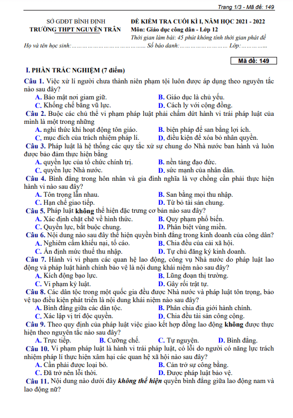 Đề kiểm tra cuối kì 1 GDCD 12 năm 2021 - 2022 trường THPT Nguyễn Trân - Bình Định - THI247.com