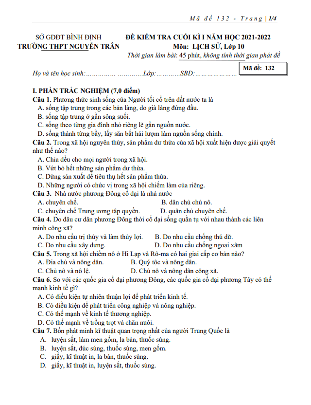 Đề kiểm tra cuối kì 1 Lịch sử 10 năm 2021 - 2022 trường THPT Nguyễn Trân - Bình Định - THI247.com