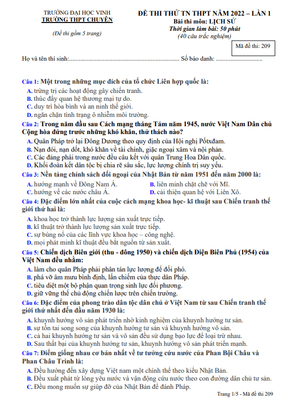 Đề thi thử TN THPT 2022 môn Lịch sử lần 1 trường THPT chuyên ĐH Vinh - Nghệ An - THI247.com