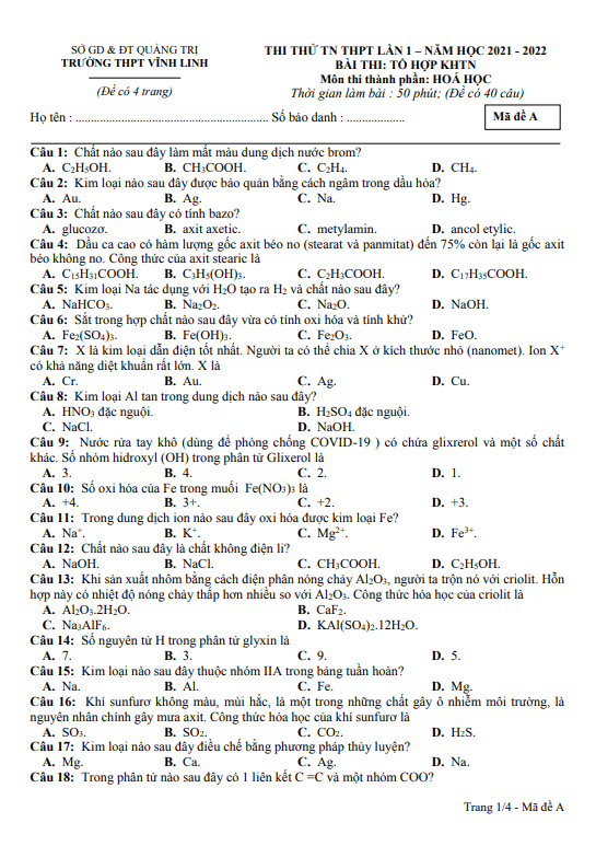 Đề thi thử TN THPT 2022 lần 1 môn Hoá học trường THPT Vĩnh Linh - Quảng Trị - THI247.com