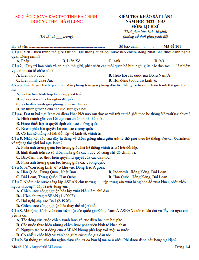 Đề thi KSCL Lịch sử 12 - THI247.com