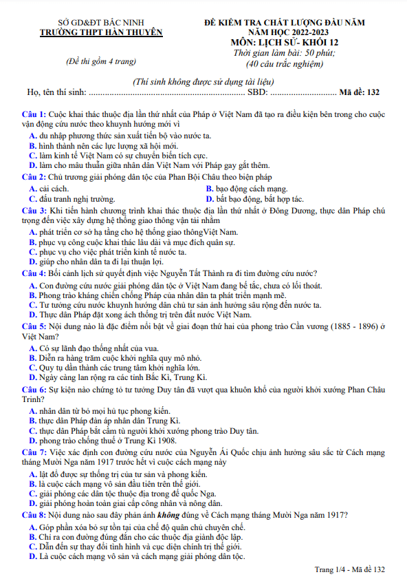 Đề thi KSCL Lịch sử 12 - THI247.com