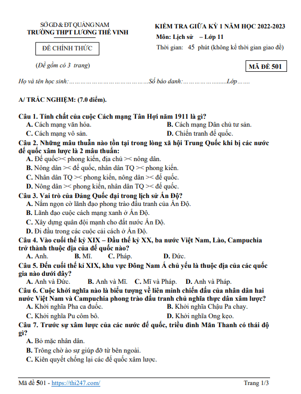 Đề giữa kỳ 1 Lịch sử 11 năm 2024 - 2025 trường THPT Yên Lạc - Vĩnh Phúc - THI247.com