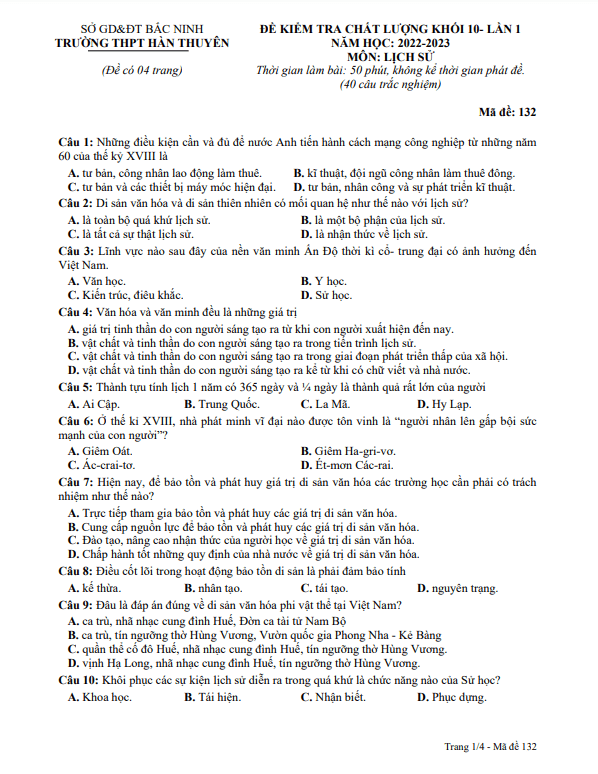 Đề kiểm tra Lịch sử 10 lần 1 năm 2022 - 2023 trường THPT Hàn Thuyên - Bắc Ninh - THI247.com