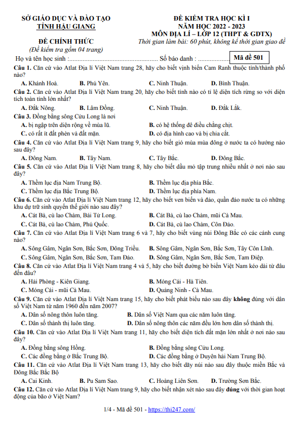 Đề kiểm tra cuối kỳ 1 Địa lí 12 năm 2023 - 2024 sở GD&ĐT An Giang ...