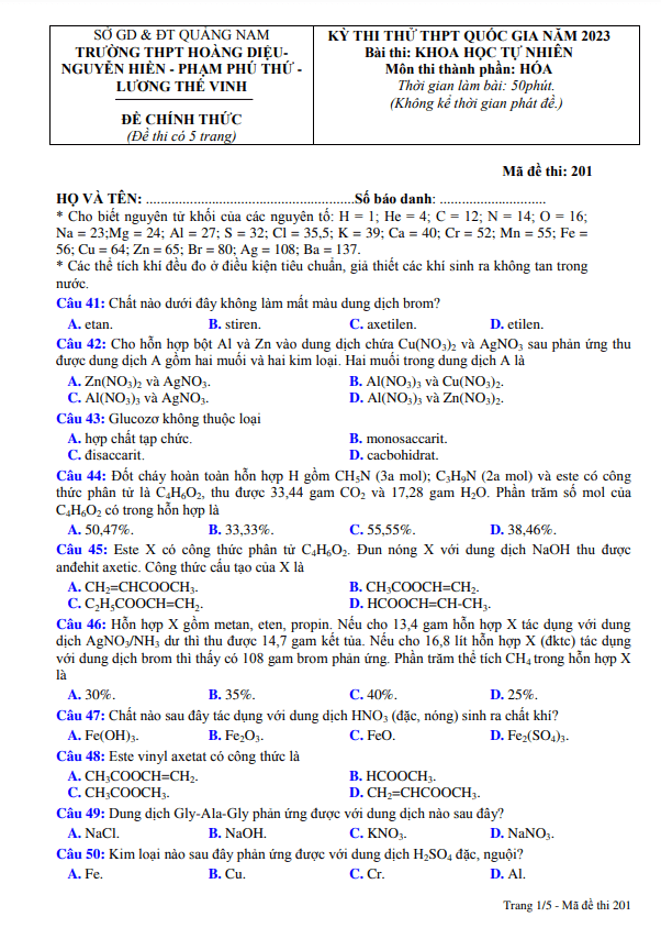 Đề thi thử THPT Quốc gia năm 2023 môn Hóa học cụm liên trường THPT tỉnh Quảng Nam - THI247.com