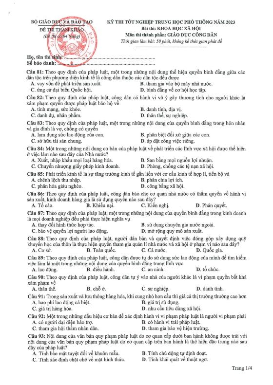 Đề tham khảo kỳ thi tốt nghiệp THPT môn GDKT&PL từ năm 2025 - THI247.com