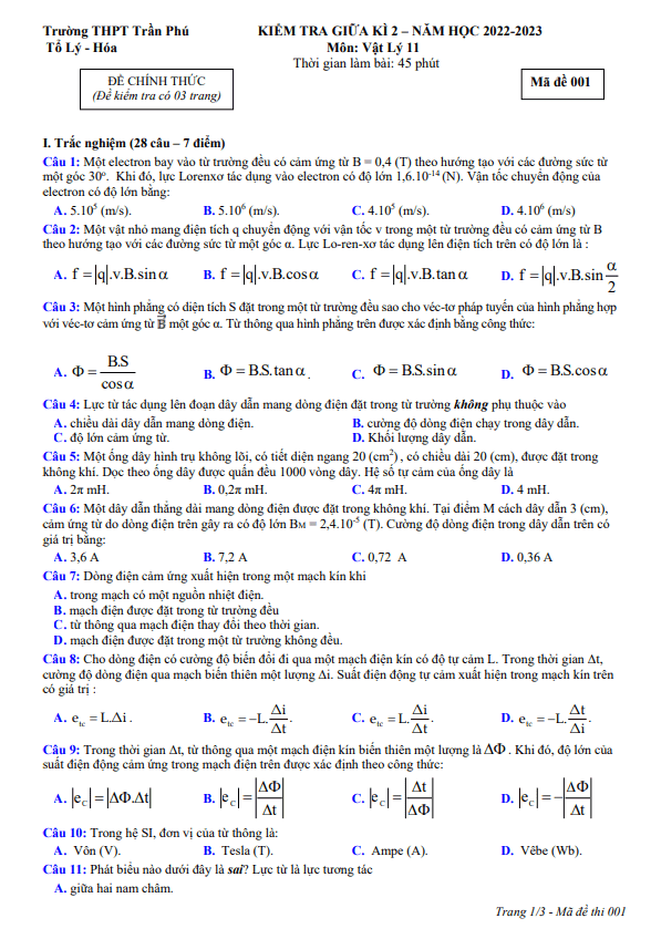 Đề giữa học kì 2 Vật lý 11 năm 2022 - 2023 trường THPT Trần Phú - Phú Yên - THI247.com