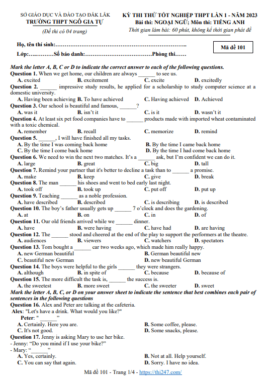 Đề thi thử TN THPT 2023 lần 1 môn Tiếng Anh trường THPT Ngô Gia Tự - Đắk Lắk - THI247.com