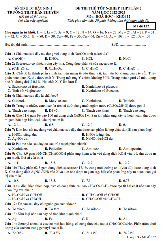Đề thi thử Hóa học TN THPT 2023 lần 3 trường THPT Hàn Thuyên - Bắc Ninh - THI247.com