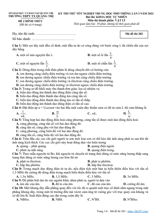 Đề thi thử TN THPT 2023 lần 1 môn Vật lí trường THPT Vĩnh Linh - Quảng Trị - THI247.com