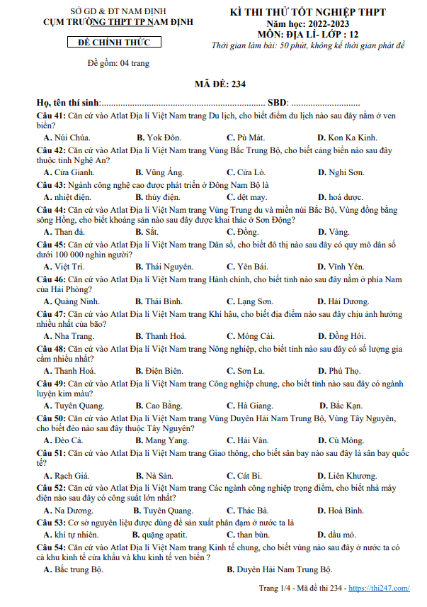 Đề thi thử tốt nghiệp THPT 2023 môn Địa lí cụm trường THPT TP Nam Định ...