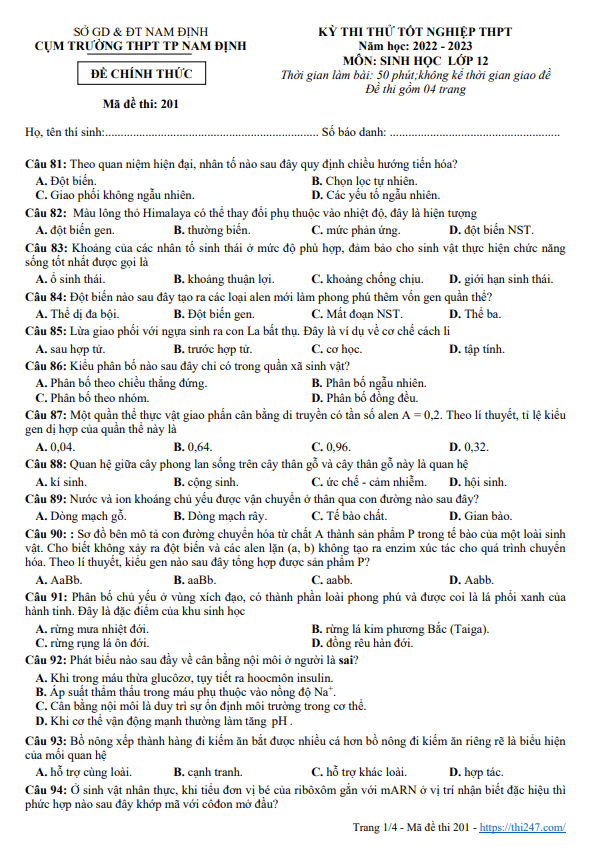 Đề thi thử tốt nghiệp THPT 2023 môn Sinh học cụm trường THPT TP Nam ...