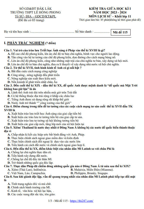 Đề giữa học kỳ 1 Lịch sử 11 năm 2023 - 2024 trường THPT Hồng Lĩnh - Hà Tĩnh - THI247.com