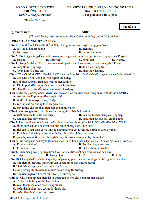 Đề thi Lịch sử 11 giữa kỳ 1 năm 2023 - 2024 trường THPT Ngô Quyền - Hà Nội - THI247.com