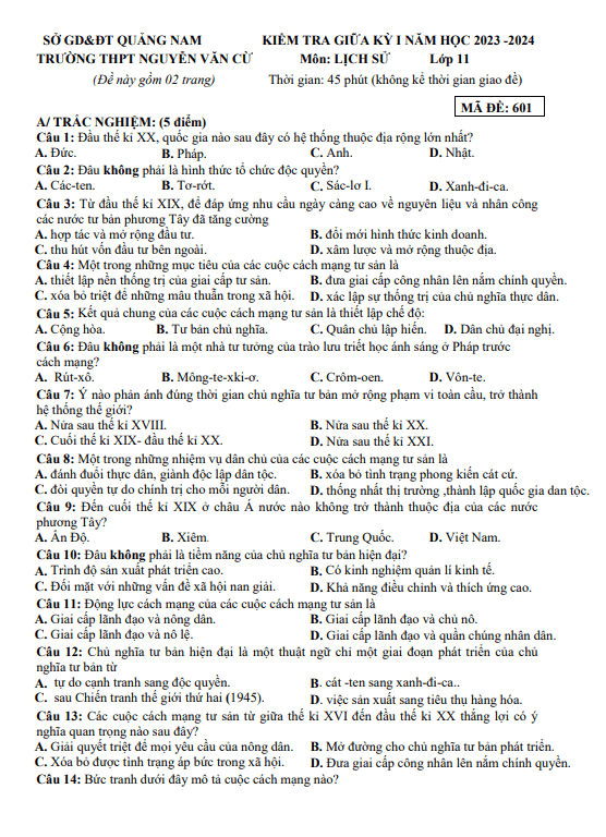 Đề giữa kì 1 Lịch sử 11 năm 2023 - 2024 trường THPT Nguyễn Văn Cừ - Quảng Nam - THI247.com