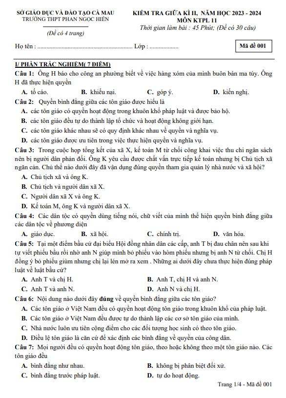 Đề giữa học kỳ 2 GDKT&PL 11 năm 2023 - 2024 trường THPT Phan Ngọc Hiển ...
