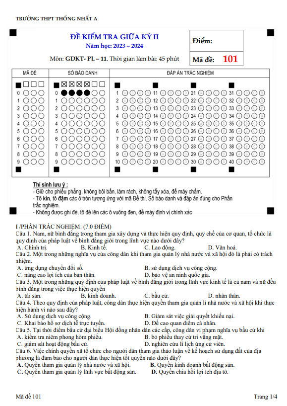 Đề giữa học kỳ 2 GDKT&PL 11 năm 2023 - 2024 trường THPT Thống Nhất A ...
