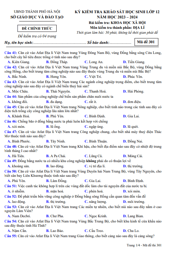 Đề khảo sát học sinh Địa lí 12 năm 2023 - 2024 sở GD&ĐT Hà Nội - THI247.com