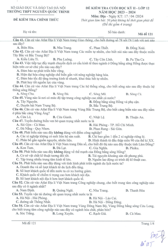 Đề cuối kì 2 Địa lí 12 năm 2023 - 2024 trường THPT Nguyễn Quốc Trinh ...