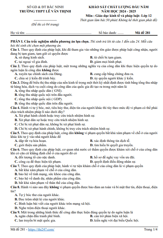 Đề khảo sát GDKT&PL 12 đầu năm 2024 - 2025 trường THPT Lê Văn Thịnh ...