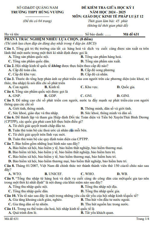 Đề giữa học kỳ 1 GDKT&PL 12 năm 2024 - 2025 trường THPT Hùng Vương ...