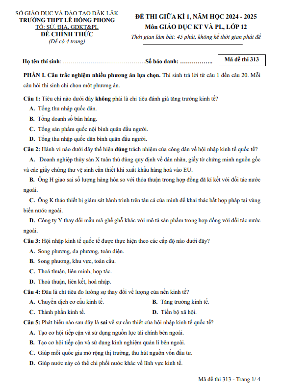 Đề giữa kì 1 GDKT&PL 12 năm 2024 - 2025 trường THPT Lê Hồng Phong - Đắk ...