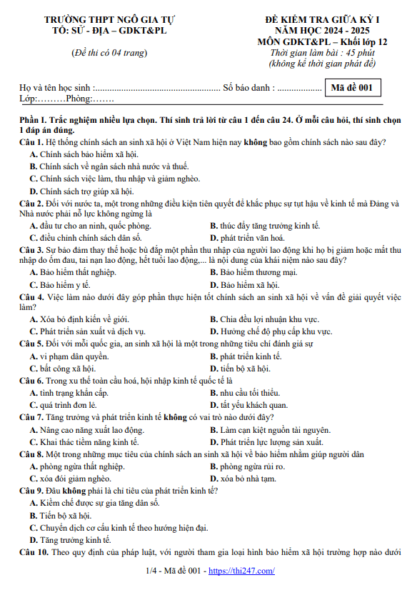 Đề giữa học kỳ 1 GDKT&PL 12 năm 2024 - 2025 trường THPT Kẻ Sặt - Hải ...